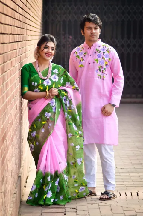 Cotton material set hand painted saree and panjabi for couple | Daraz ...