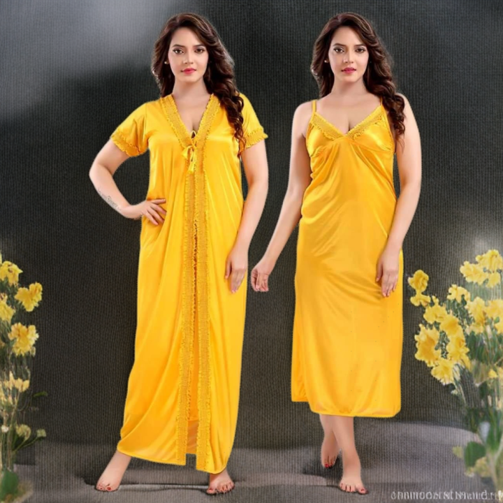 Silk Two Part Nighty for Women - Gold Color - Night Robe - Casual ...