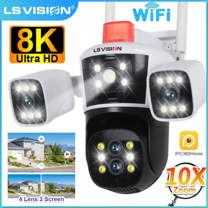 LS VISION 8K 10X Zoom WiFi IP Camera Outdoor Three screen 360° View PTZ Cam AI Tracking CCTV ...
