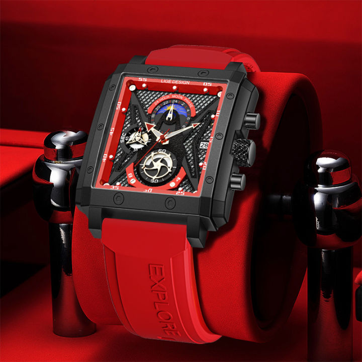 LIGE LG8965 luxury red male quartz watch cool rubber strap watch ...