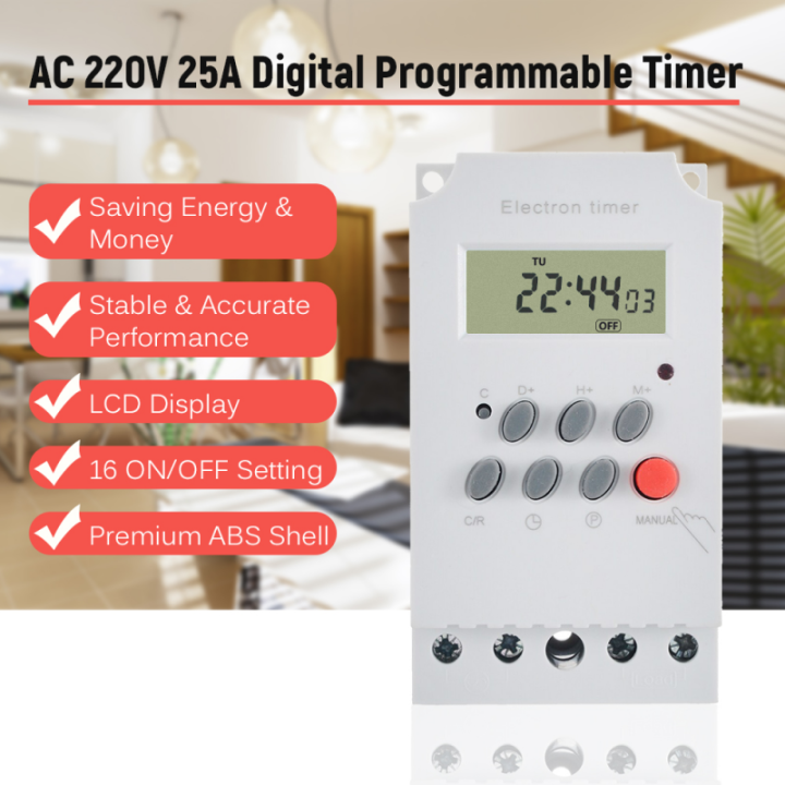AC 220V 25A Electronic Timer Programmable Digital Timer with LCD Display Clock Din Rail ...