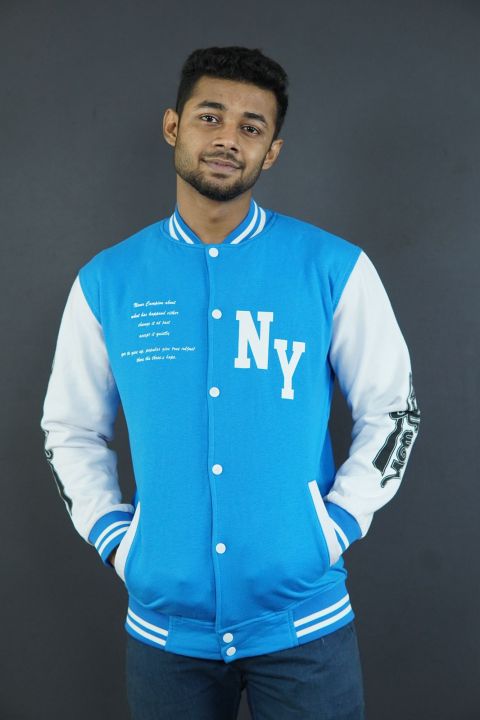 Men's Sky Blue & White Contrast Varsity Jacket with NY Graphic & Text ...