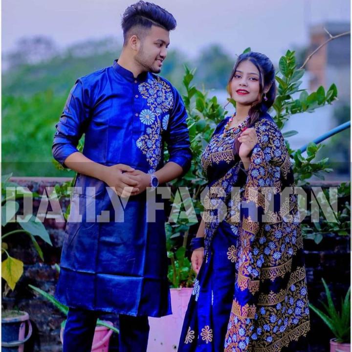 block print matching couple dress family set shari and panjabi | Daraz ...