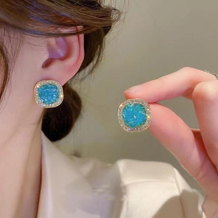 【Pocket king VOX 】Delicate Crystal Luxury Blue Square Earrings Ins ...
