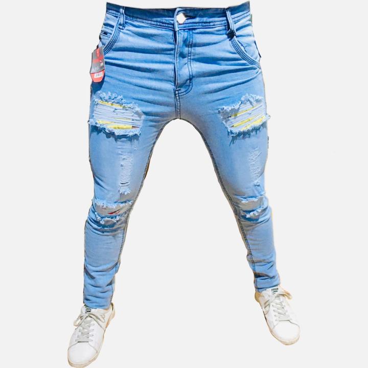 Light Blue Ripped Scratch Fashionable Stylish Stretchable Semi Stretch ...