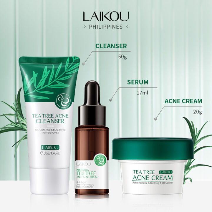 LAIKOU Tea Tree Acne Set Remove Acne Serum Pimple Marks Repairing Cream ...