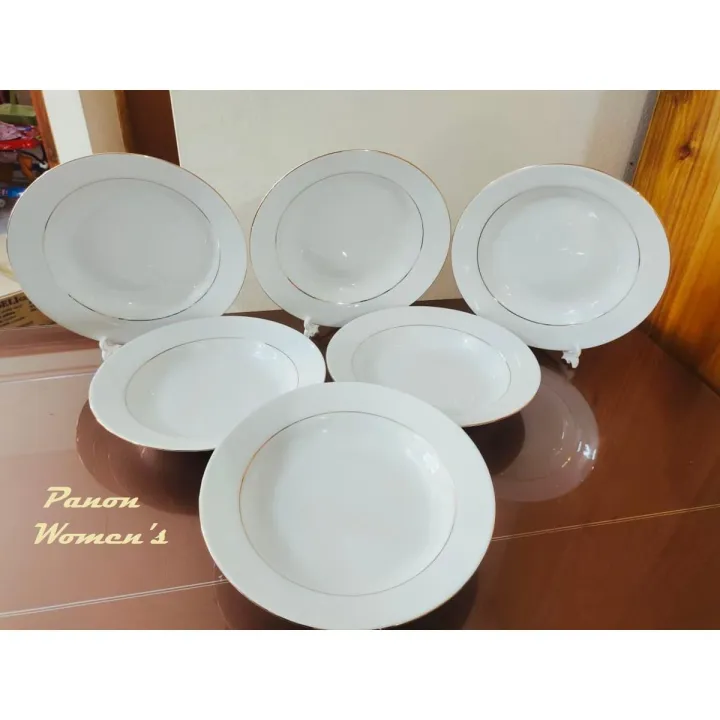 White Ceramic Deep Dinner Rice Plate With Golden Line 9 Inch 2pcs Set ...