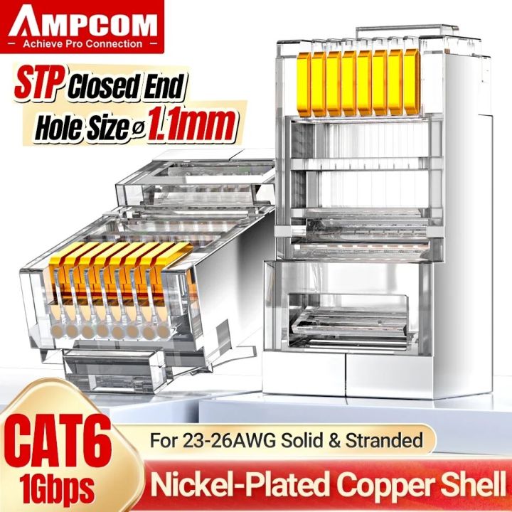 AMPCOM CAT6 Shielded RJ45 Modular Plug connector 50μ Gold Plated 8P8C RJ45 Connectors Modular ...