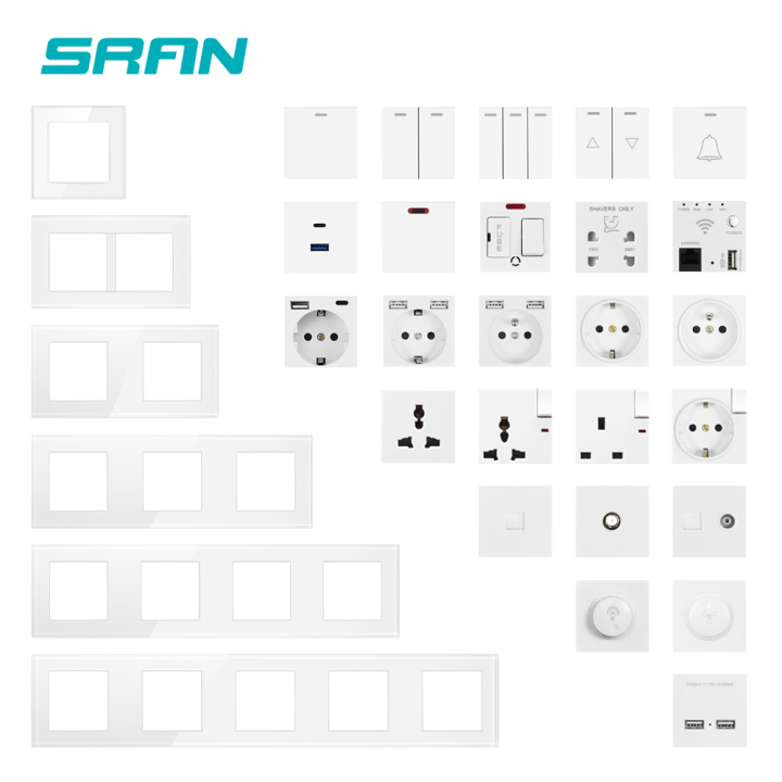 SRAN A6 Series White Glass Panel Wall Switch EU French Power Socket USB ...