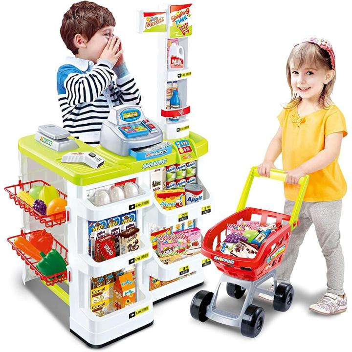 Kids Supermarket Playset with Toy Shopping Cart, Toy Cash Register ...