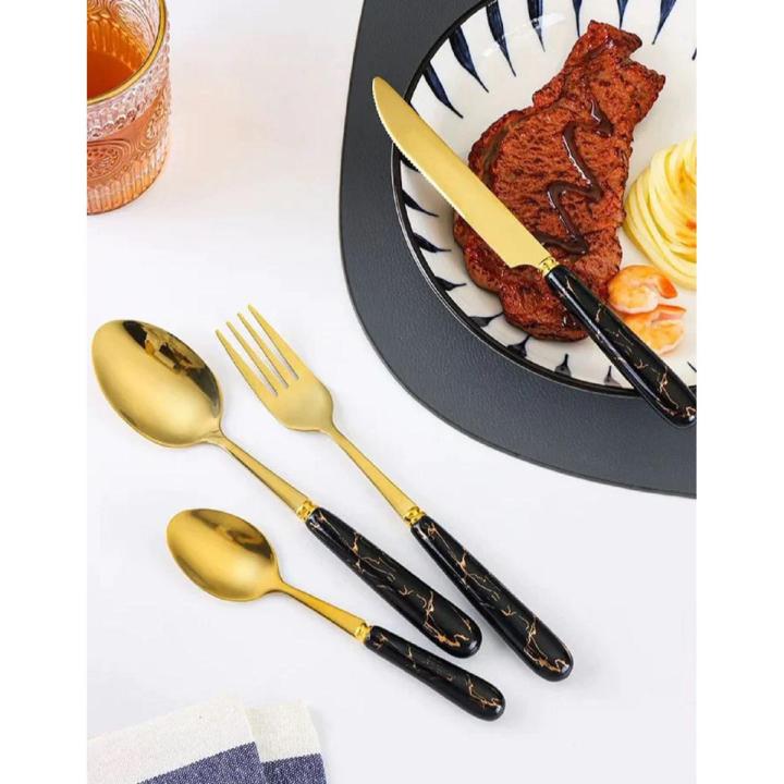 Stainless Steel Gold Cutlery Set With Black Marble Pattern Handle - 24 ...