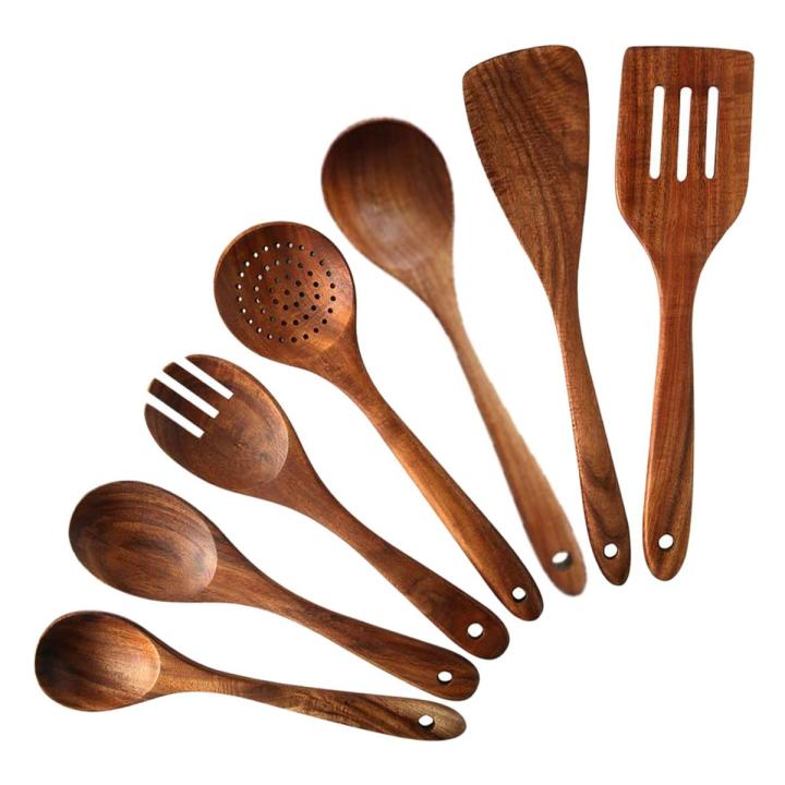 Individual 7 PCS Teak Wooden Kitchen Cooking Utensils, Non-Stick Spoons ...
