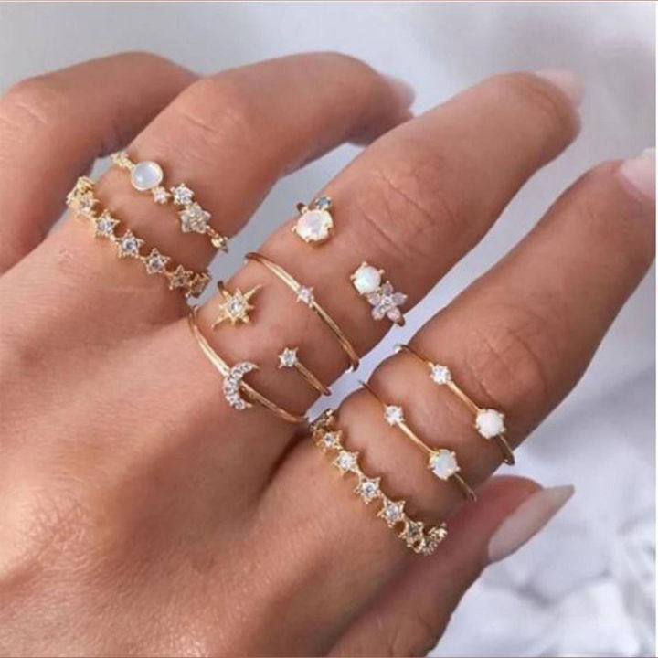 9 Pcs Set Shiny Vintage Moon Star Rings For Women Girl Boho Knuckle ...