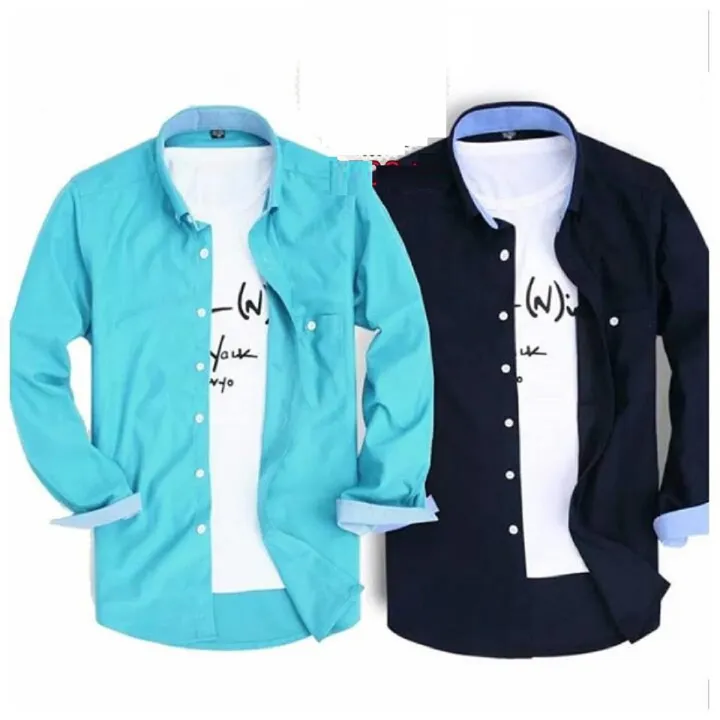 Navy Blue and Paste combo offer Cotton Long Sleeve Casual Shirt For Men ...