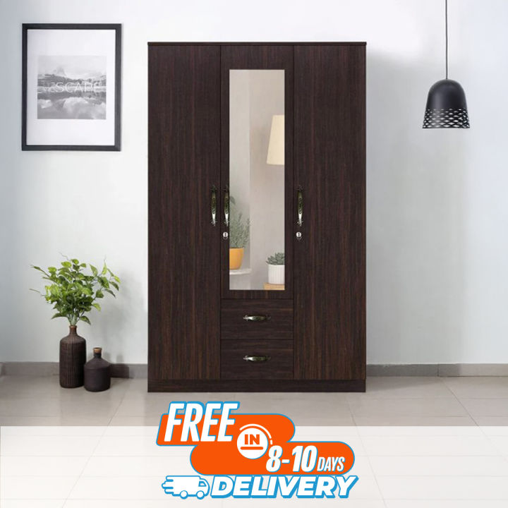Choco Walnut Mirrorlux 3-Door Wardrobe Partex MDF Laminated Board ...