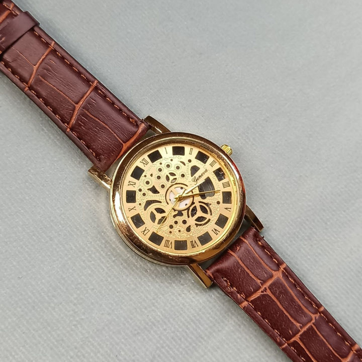 Indispensable -Quality And Durablity -Mens Geneva Brown Leather Golden ...