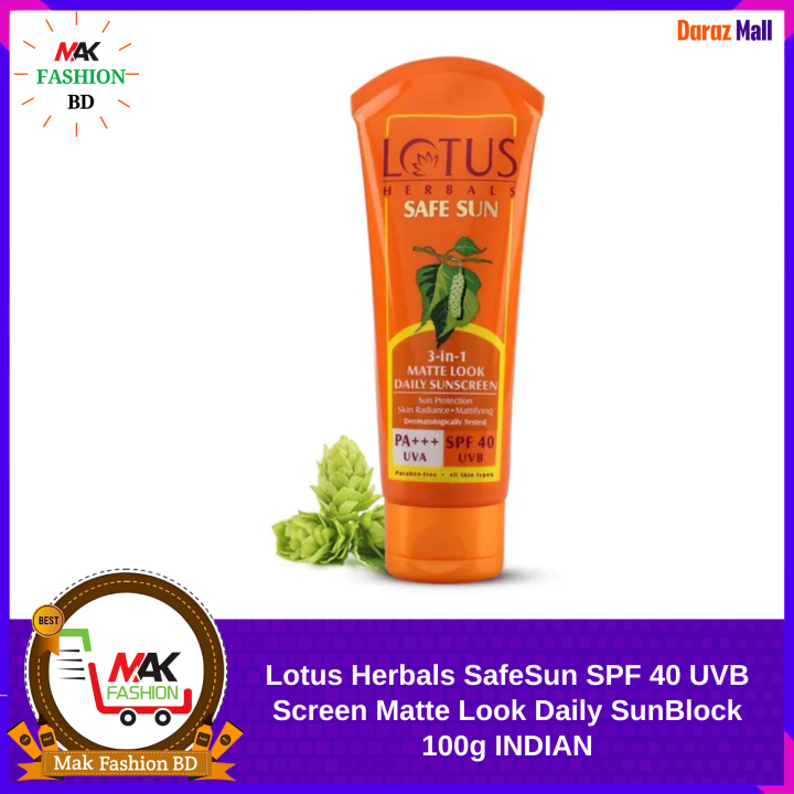 Lotus Herbals SafeSun SPF 40 UVB Screen Matte Look Daily SunBlock 100g ...