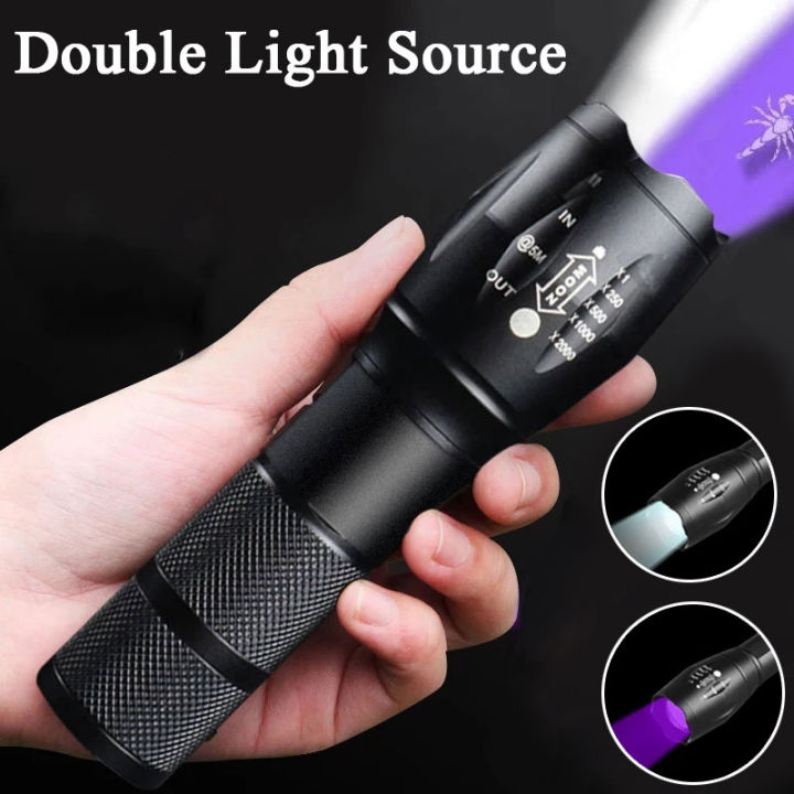 Purple White Dual Light Flashlight LED Ultraviolet Torch Zoom ...