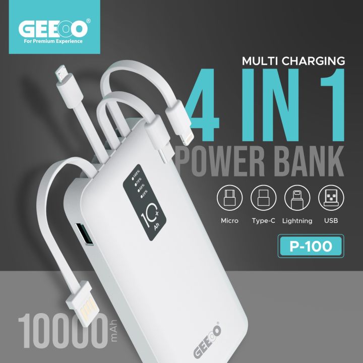 Geeoo P100 Upgrade 10,000mAh Power Bank with Attached Cable | Daraz.com.bd