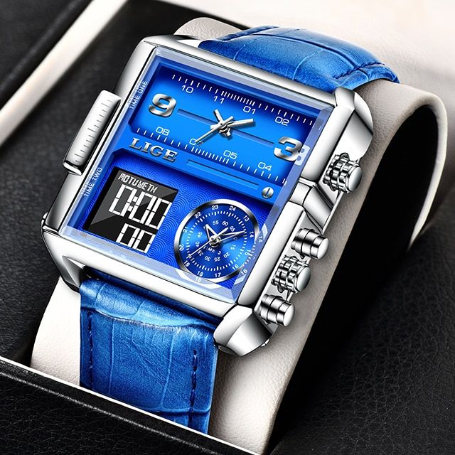 LIGE 8925M Blue PU Leather Dual Time Watch For Men - Silver & Blue ...