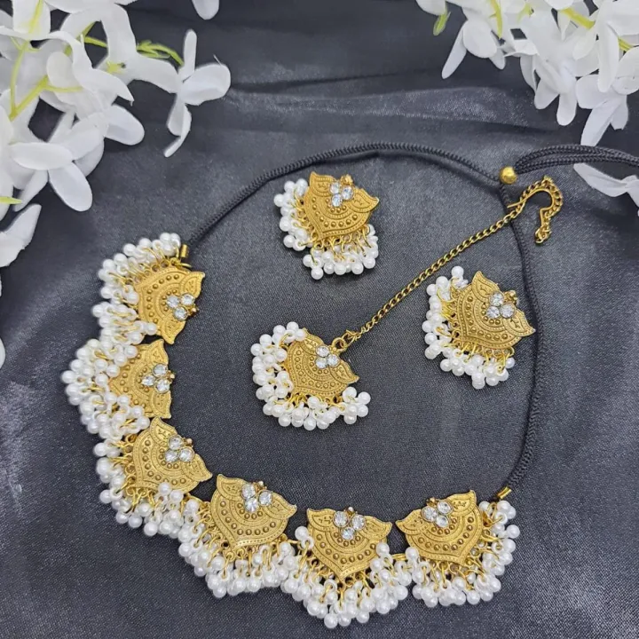New Indian Pearl Stone Choker Necklace & Earring with tikli set for ...
