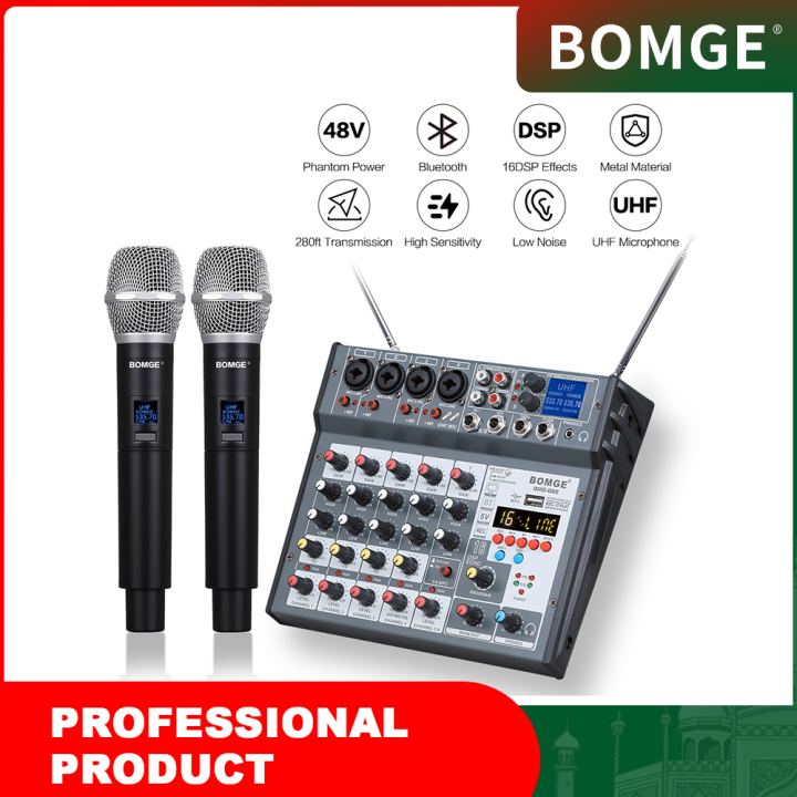BOMGE 6 channel Audio DJ Console Mixer Soundcard with 2 UHF Wireless Microphone h,MP3 ,USB ...