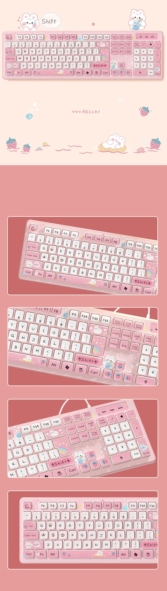 Kawaii wired keyboard milk tea rabbit cute pink cute chocolate wired ...