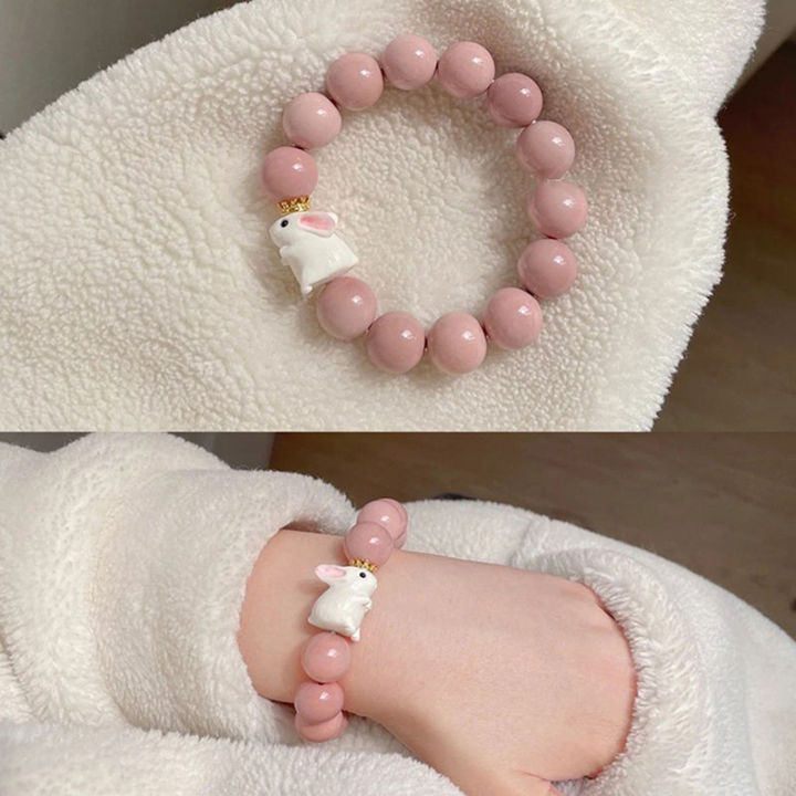 Ins Simple Style Macaron Color Beaded Bracelet Cute Rabbit Charm ...