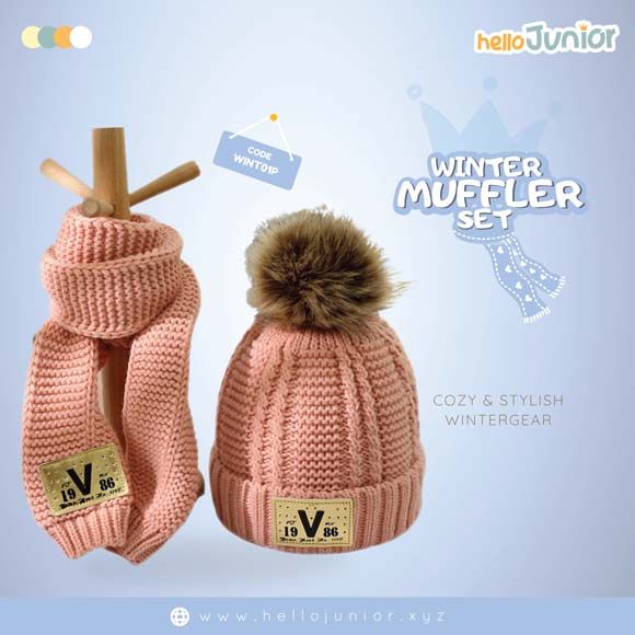 Hello Junior winter baby cap & muffler set for 3-8 years , Pink | Daraz ...