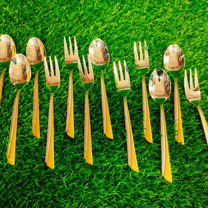 Tea & Fork Golden colour Spoon 12 peices Stainless steel. Dessert Spoon ...