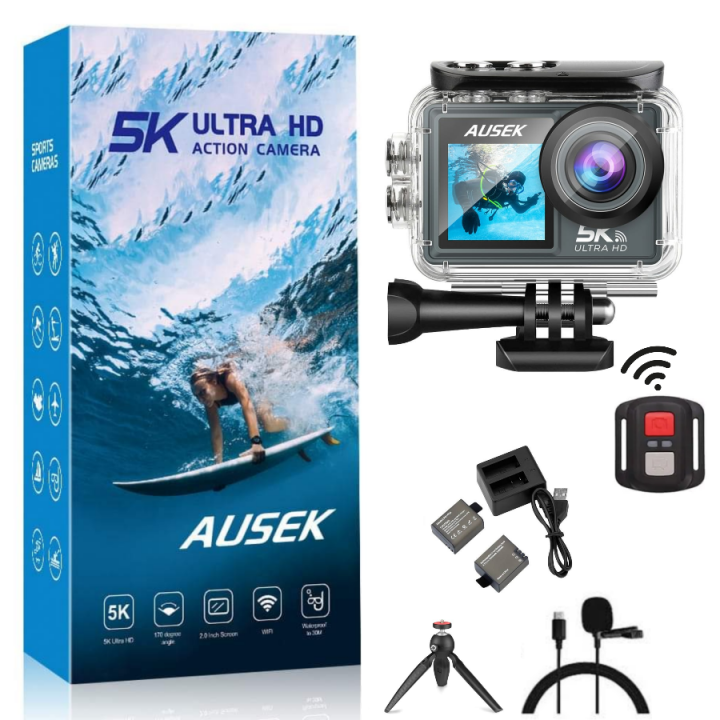 Ausek AT-M40R 5K Ultra HD Dual Screen 5K/4K Waterproof Action Camera With Extranal Microphone ...