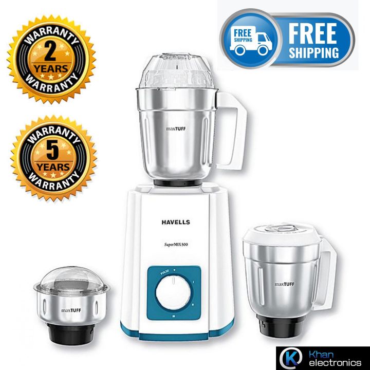 Havells Supermix 500W Mixer Grinder 3 SS Jars - White and Navy Blue ...