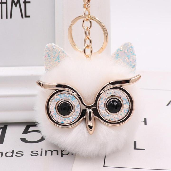 Cute Owl Keychain Artificial Rabbit Hairy Pom-pom Key Ring Women Bag ...