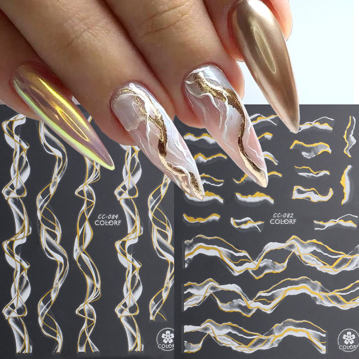 Gold Marble Blooming Ink Nail Art Stickers 3D Metallic Wave Stripes ...
