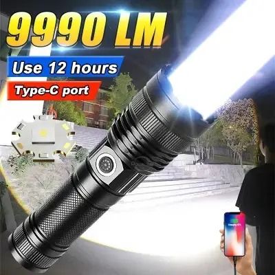 High Power 500W LED Flashlight Type-C USB Rechargeable Tactical Torch ...