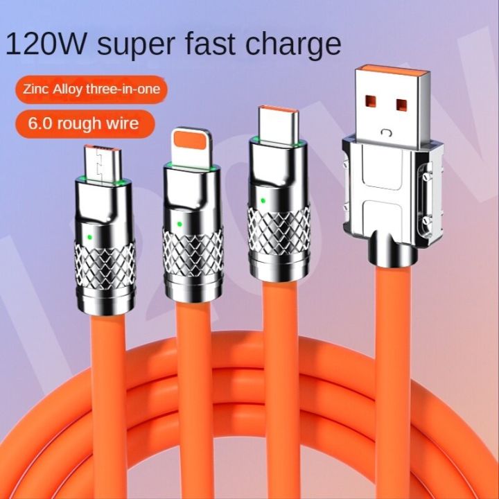 6A 120W Data Cable Zinc Alloy 3 In 1 Super Fast Charger Type C LED ...