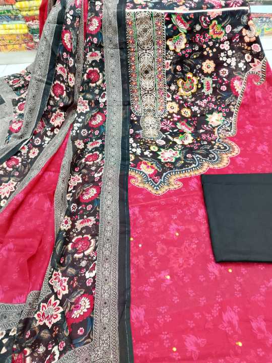 Premium Quality Unstitched Karchupi Work Digital Print Three Piece ...