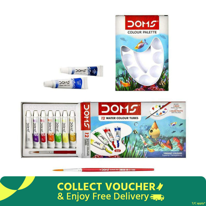 Doms Water Colour Paint r 12 Color Tubes box + 1pc Brush &1pc Palette ...