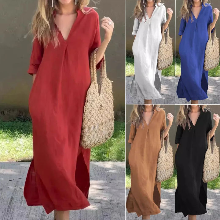 Women Dresses With Pockets And Slit On Both Sides V Neck 7 Quarter ...