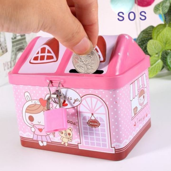 Metal House Shaped Coin Box Cartoon Kids Money Box piggy bank for kids ...