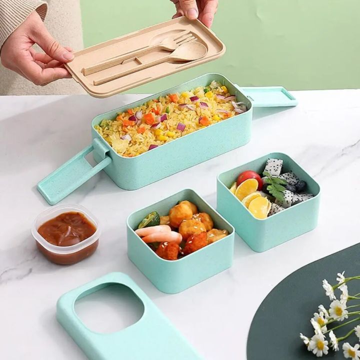 Leak-proof Bento Lunch Box With 3 Compartments Double Layer Buckle Closure Microwave Safe ...