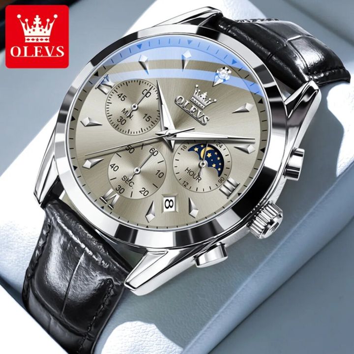OLEV-S 3609 Original Moon Phase Chronograph Man Watch Leather Strap ...