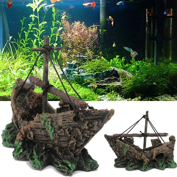Aquarium Ornament Wreck Sunk Ship Sailing Boat Destroyer Fish Tank Cave ...
