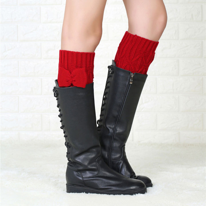 【ALLGOOD】Women Pure Color Woollen Long Bowknot Leg Warping Knitted Boot ...