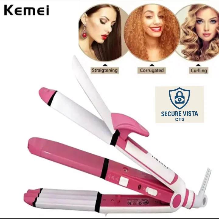 Kemei KM 1291 Ceramic Professional 3 in 1 Electric Hair Straightener ...