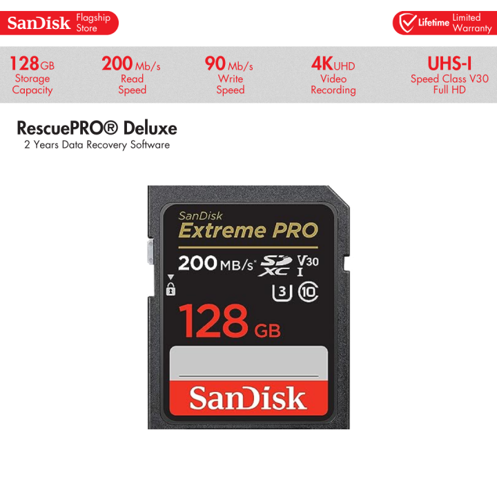 SanDisk Extreme PRO 128GB SDXC UHS-I Memory Card C10, U3, V30, 4K UHD, SD Card (200Mb/s R, 90Mb ...