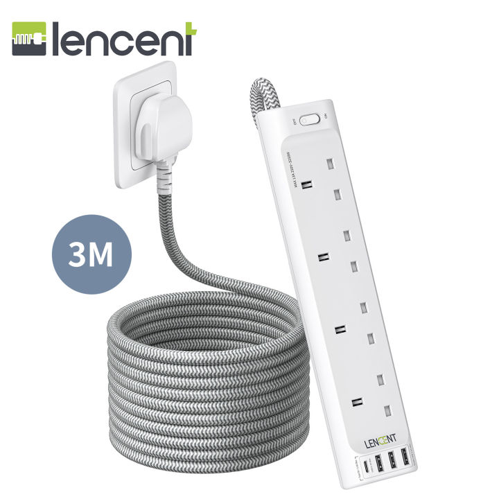 LENCENT 3-meter Braided Extension cord 4 Way Outlets with 1Type-C and 3 ...