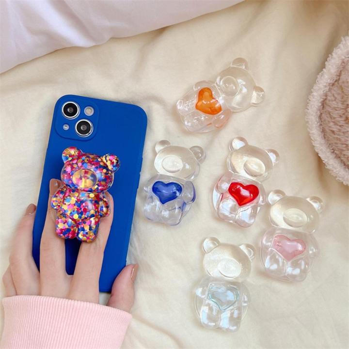 3D Cute Colorful Love Heart Crystal Bear Grip Tok Korea Phone Holder ...