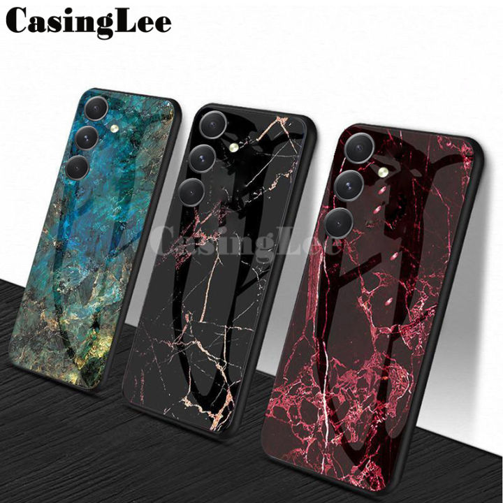 For Samsung M35 case Fashion Marble Tempered Glass Protector Soft Frame ...