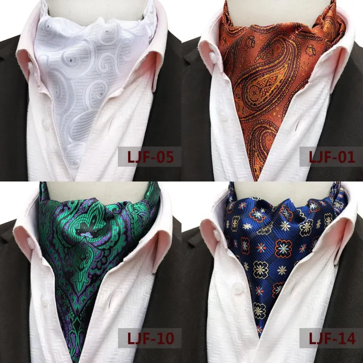 【Atoztide Store】New White Floral Ascot Tie Men Grey Ascot Cravat Man ...